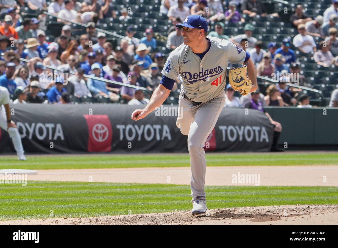 Denver CO, USA. 20th June, 2024. Los Angeles pitcher Daniel Hudson (41 ...