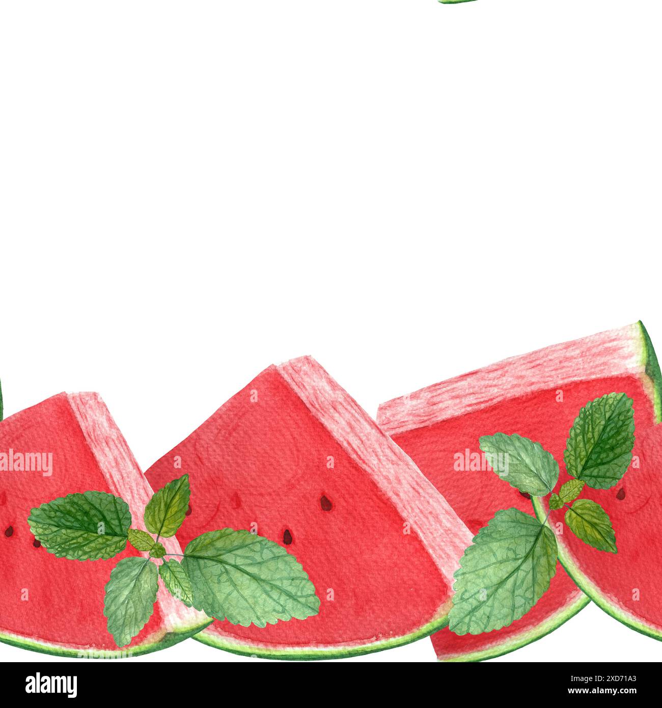 Watermelon juicy slice with mint leaves seamless border. Watercolor ...