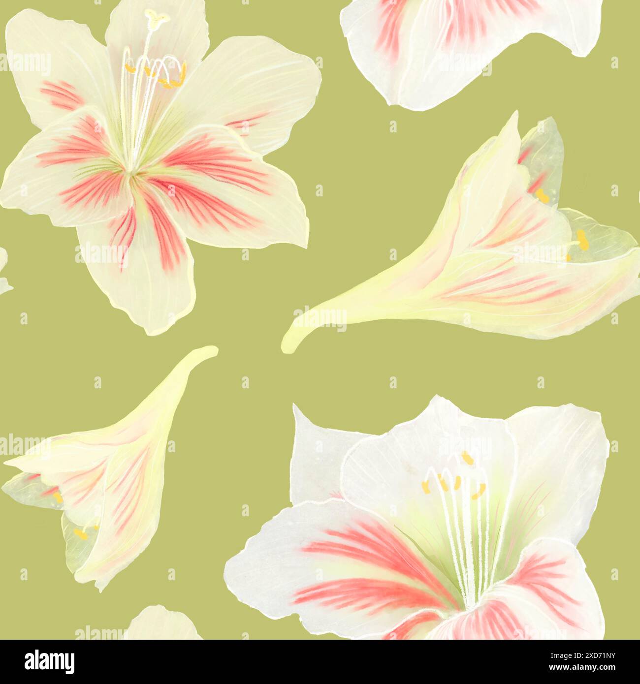 Lilies on warm green background in digital watercolor. Seamless pattern ...