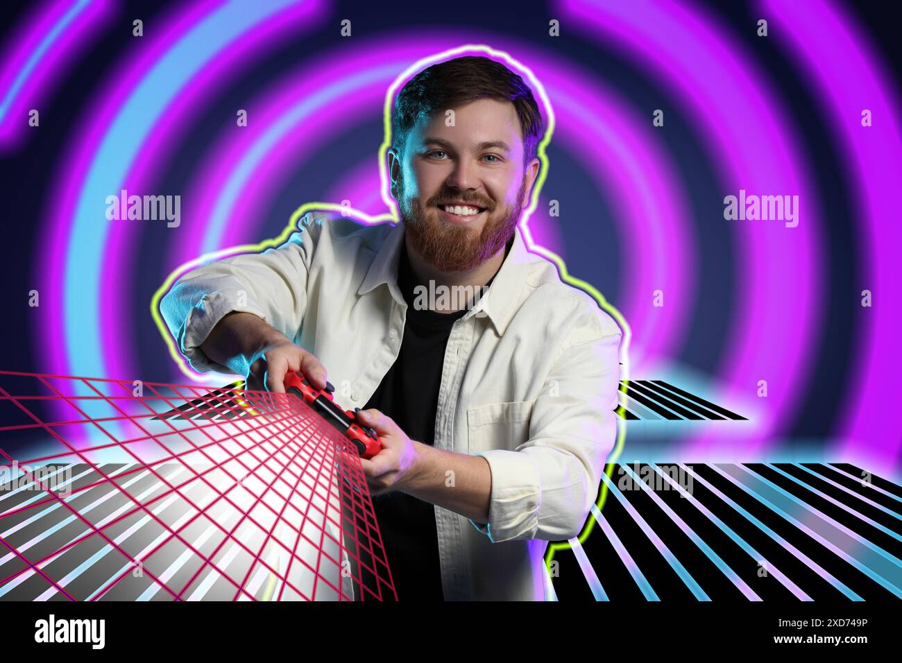 Happy man playing video game with controller on bright background. Game ...