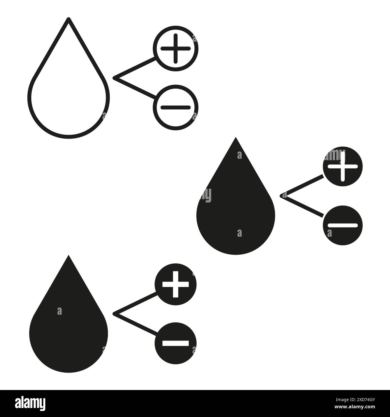 Water drop icons. Plus and minus symbols. Black and white vector ...