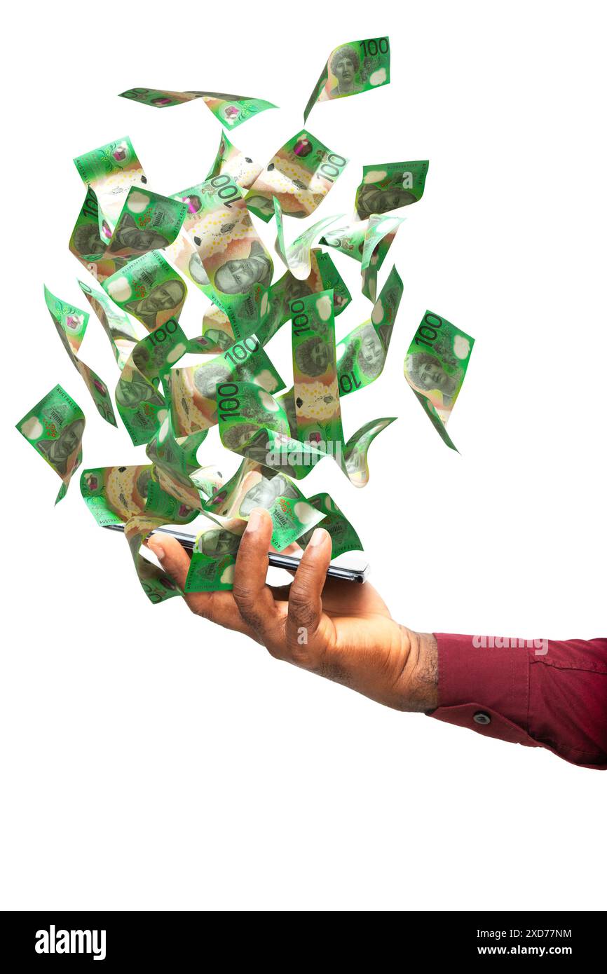 Black hand holding phone with Australian dollar notes hovering over ...