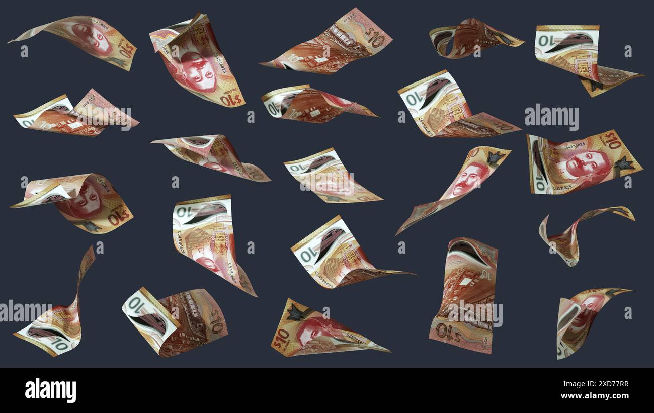 3D rendering of Set of 10 Barbadian dollar notes flying in different ...