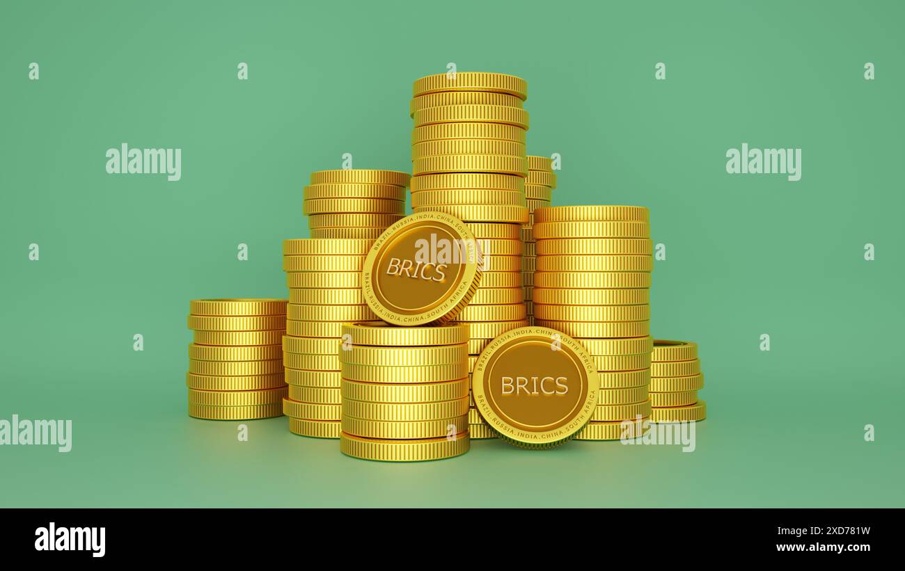 3D rendering of pile of abstract golden BRICS coins isolated on green ...