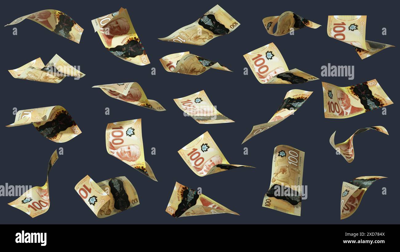 3D rendering of Set of 100 Canadian dollar notes flying in different ...