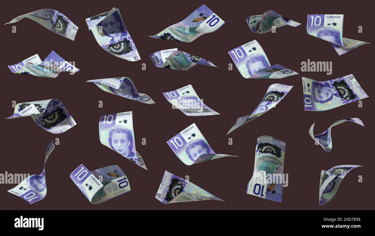 3D rendering of Set of 10 Canadian dollar notes flying in different ...