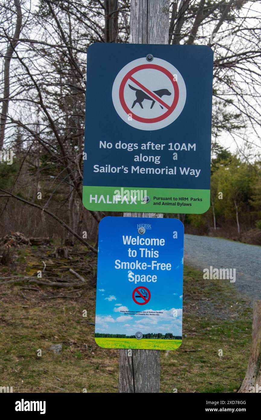 No dogs and smoke-free space signs at Point Pleasant Park in Halifax ...