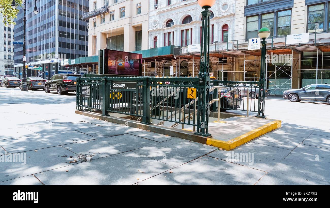 City Subway Station Kiosk on a Busy Urban Street Corner with Passing ...