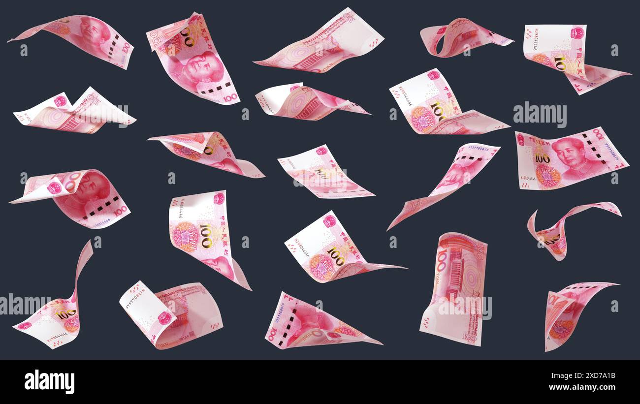 3D rendering of 100 Chinese renminbi yuan notes flying in different ...