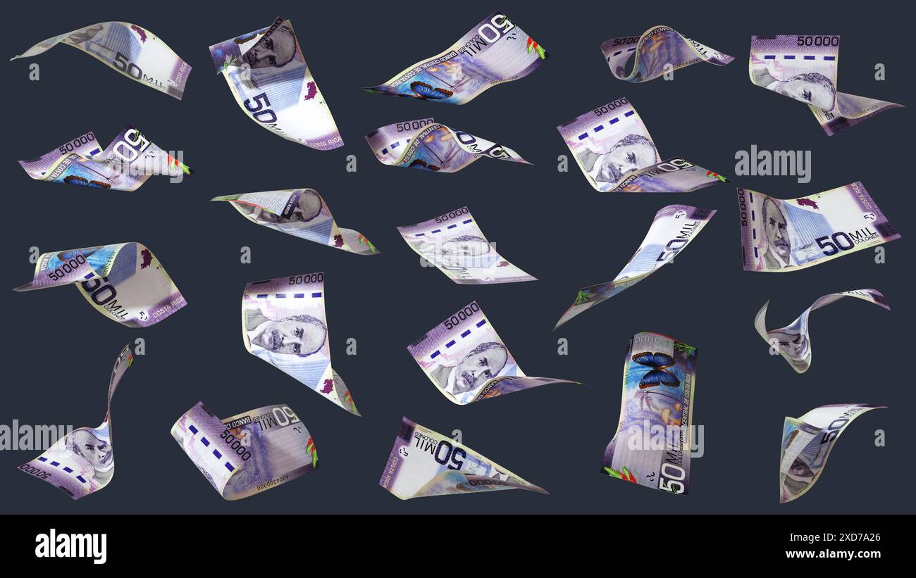 3D rendering of Set of Costa Rican Colón notes flying in different ...