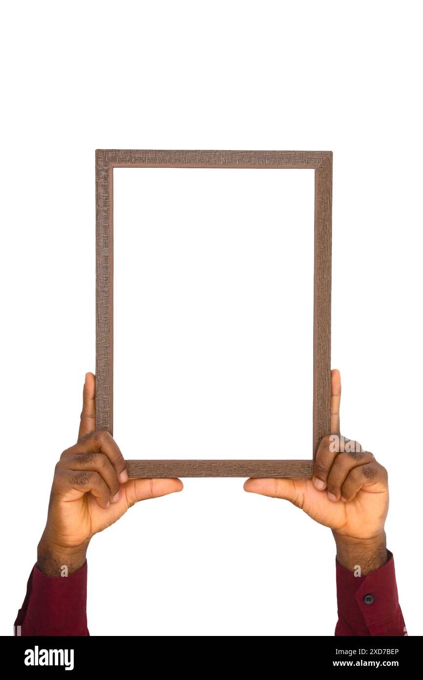 Black african hand holding rectangular wooden frame isolated on white ...