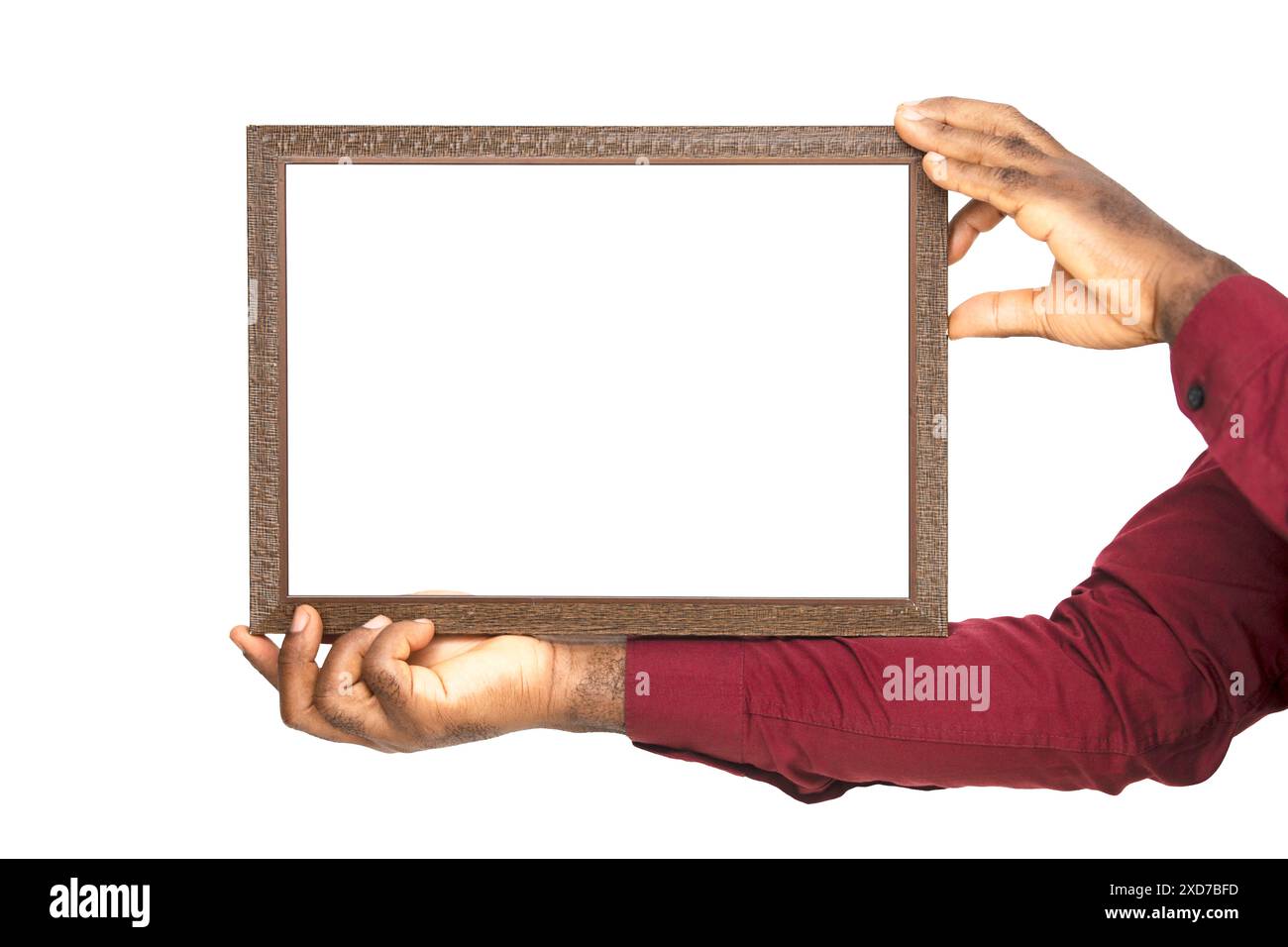 Black african hand holding rectangular wooden frame isolated on white ...