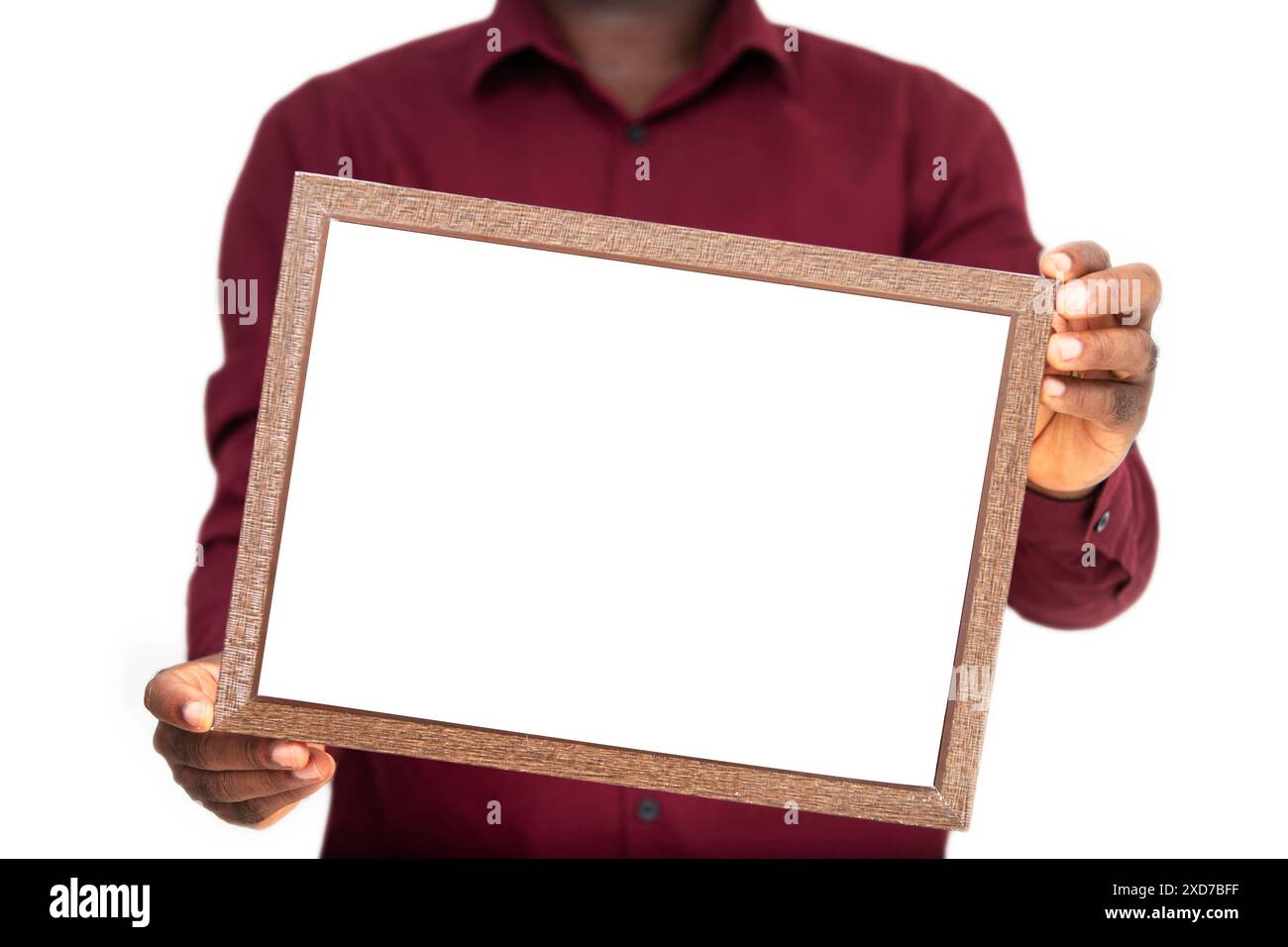 Black african person hand holding rectangular wooden frame isolated on ...