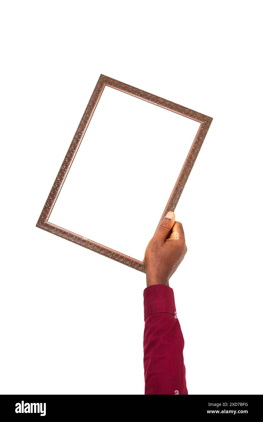 Black african hand holding rectangular wooden frame isolated on white ...