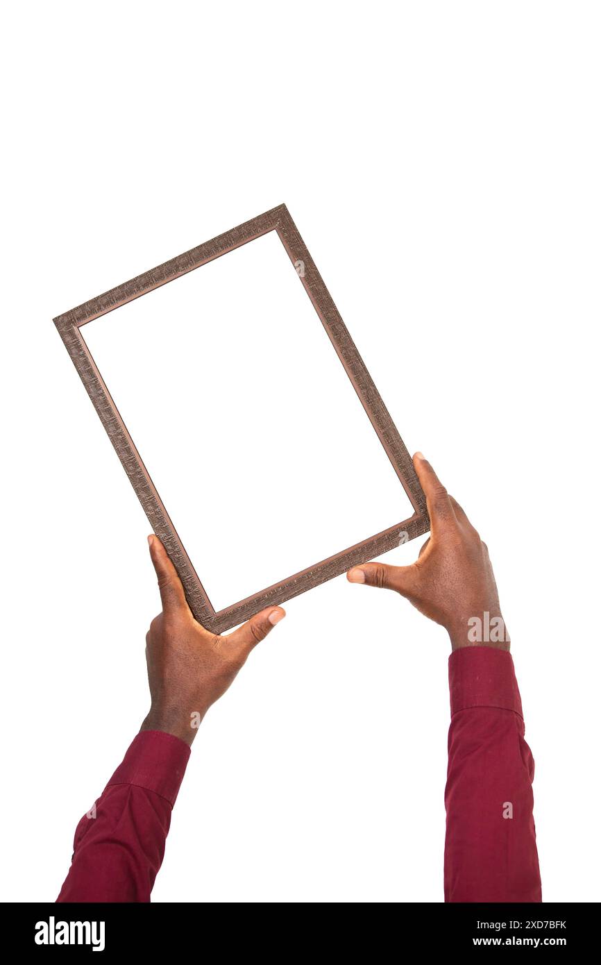 Black african hand holding rectangular wooden frame isolated on white ...