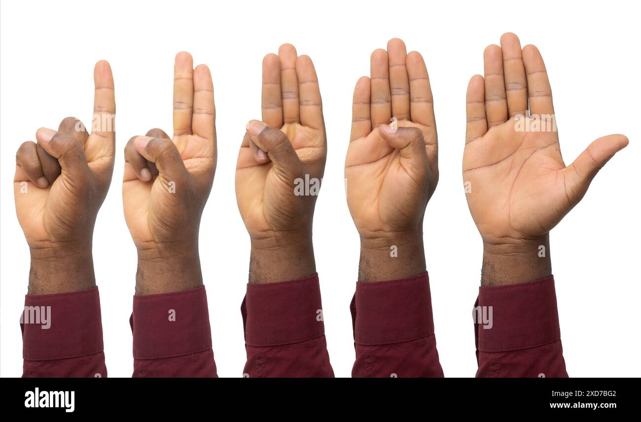 Set of counting black hands fingers in red long sleeves isolated on ...