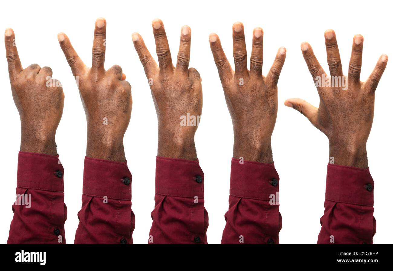 Set of counting black hands fingers in red long sleeves isolated on ...