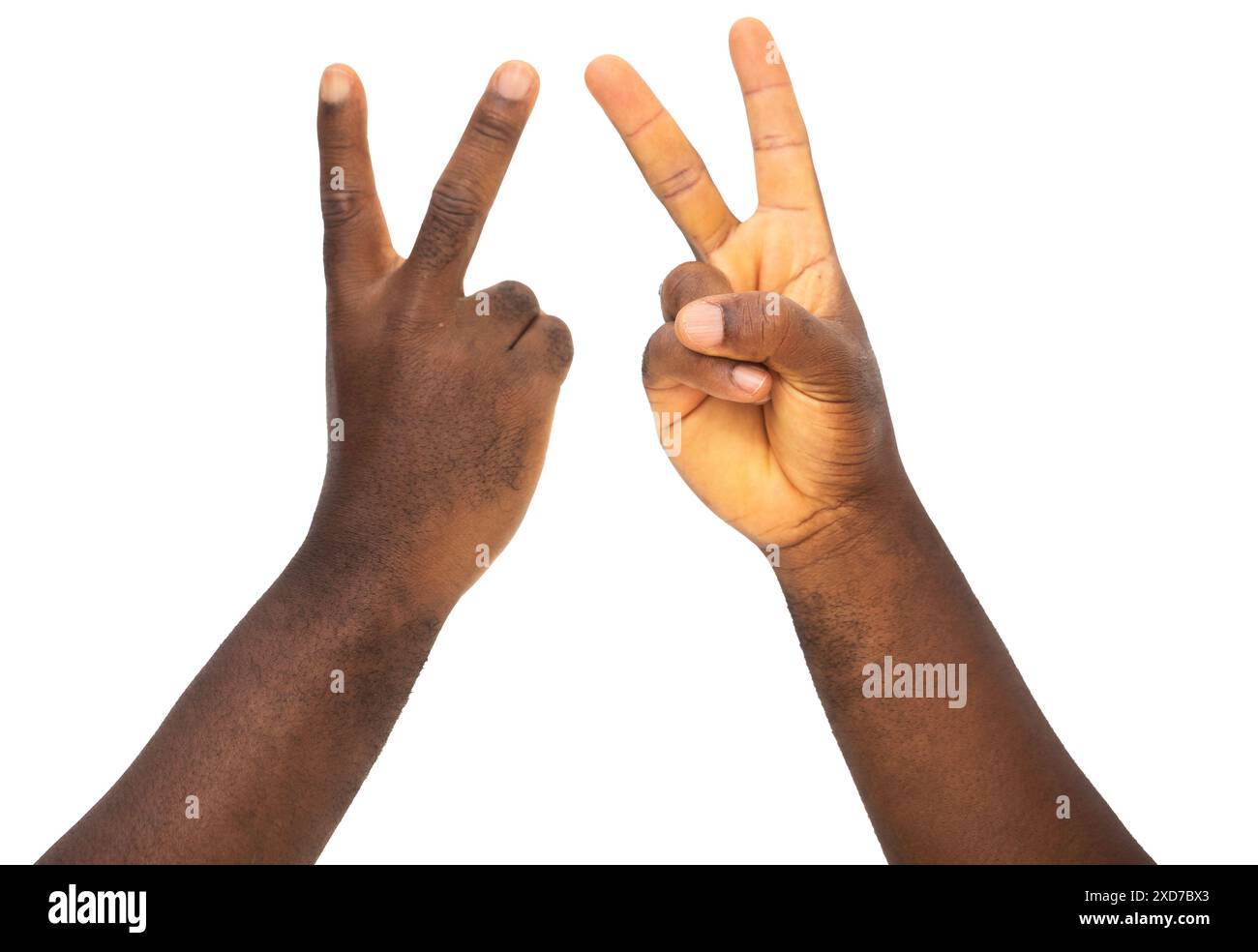 Two black Hands making peace sign gesture over white background Stock ...
