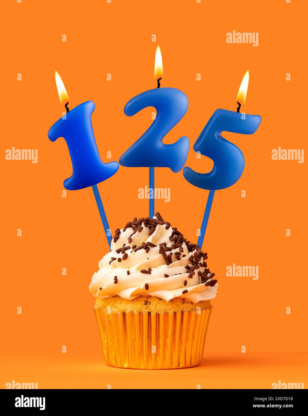 Blue candle number 125 - Birthday cupcake on orange background Stock ...