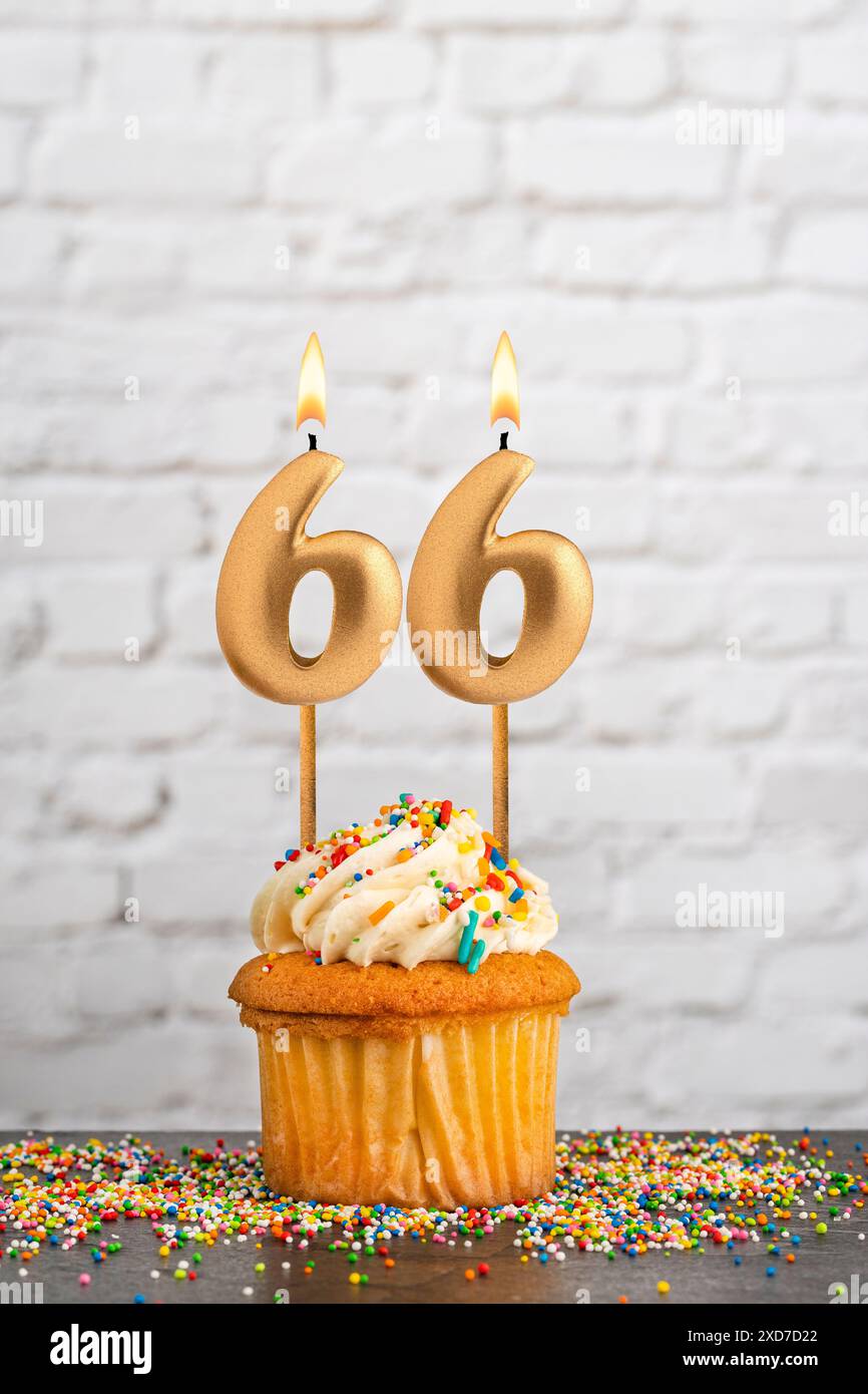Cupcake with number 66 birthday candle - White block wall background ...