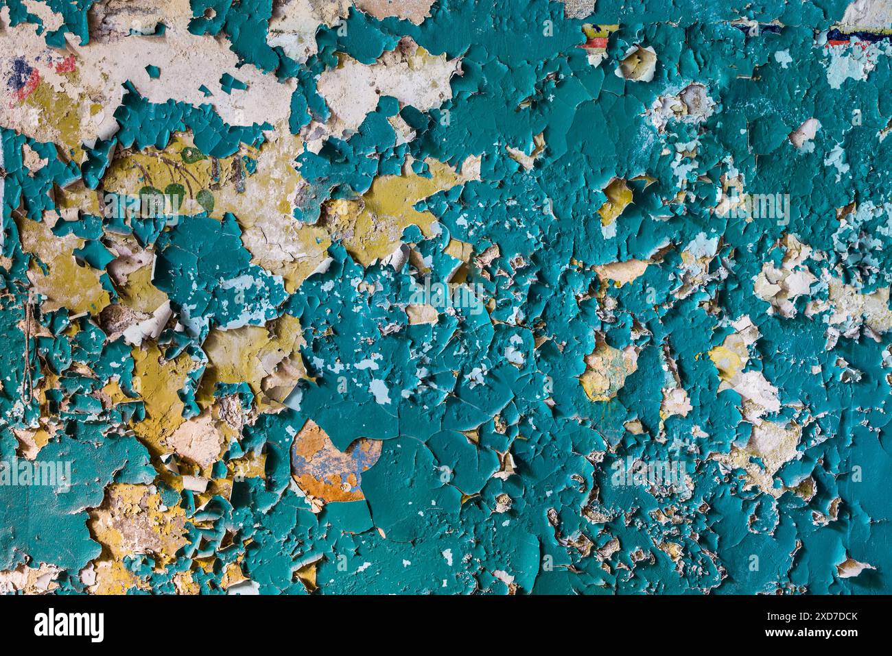 Industrial Background Of Azure Peeling Paint On The Old Broken Yellow ...