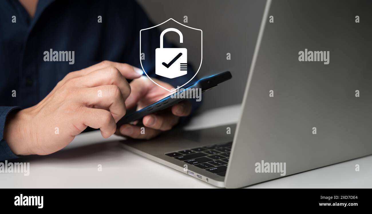 Cybersecurity and privacy concepts to protect data. Businessman use ...