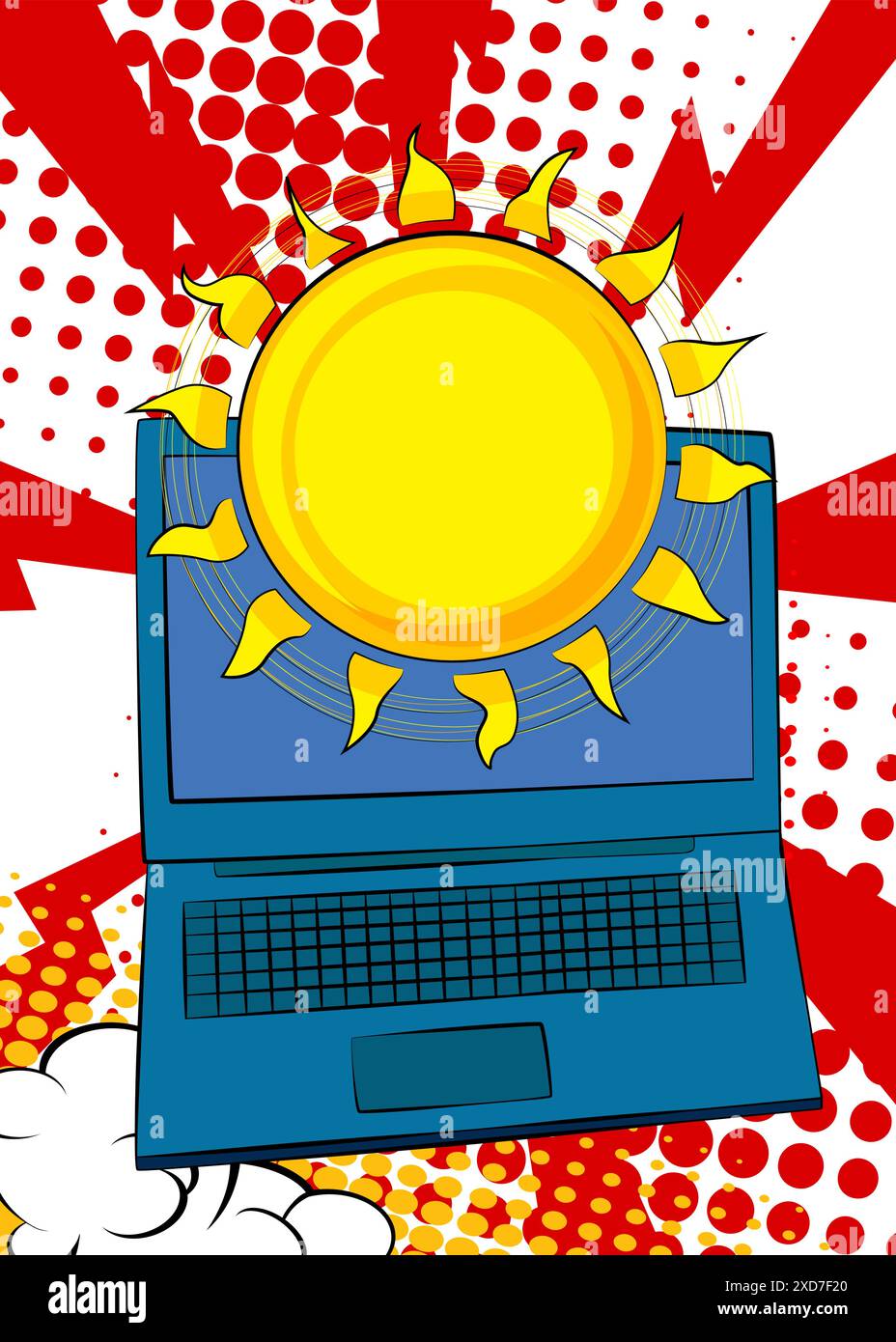 Cartoon Laptop, comic book Notebook with Summer Sun. Retro vector ...
