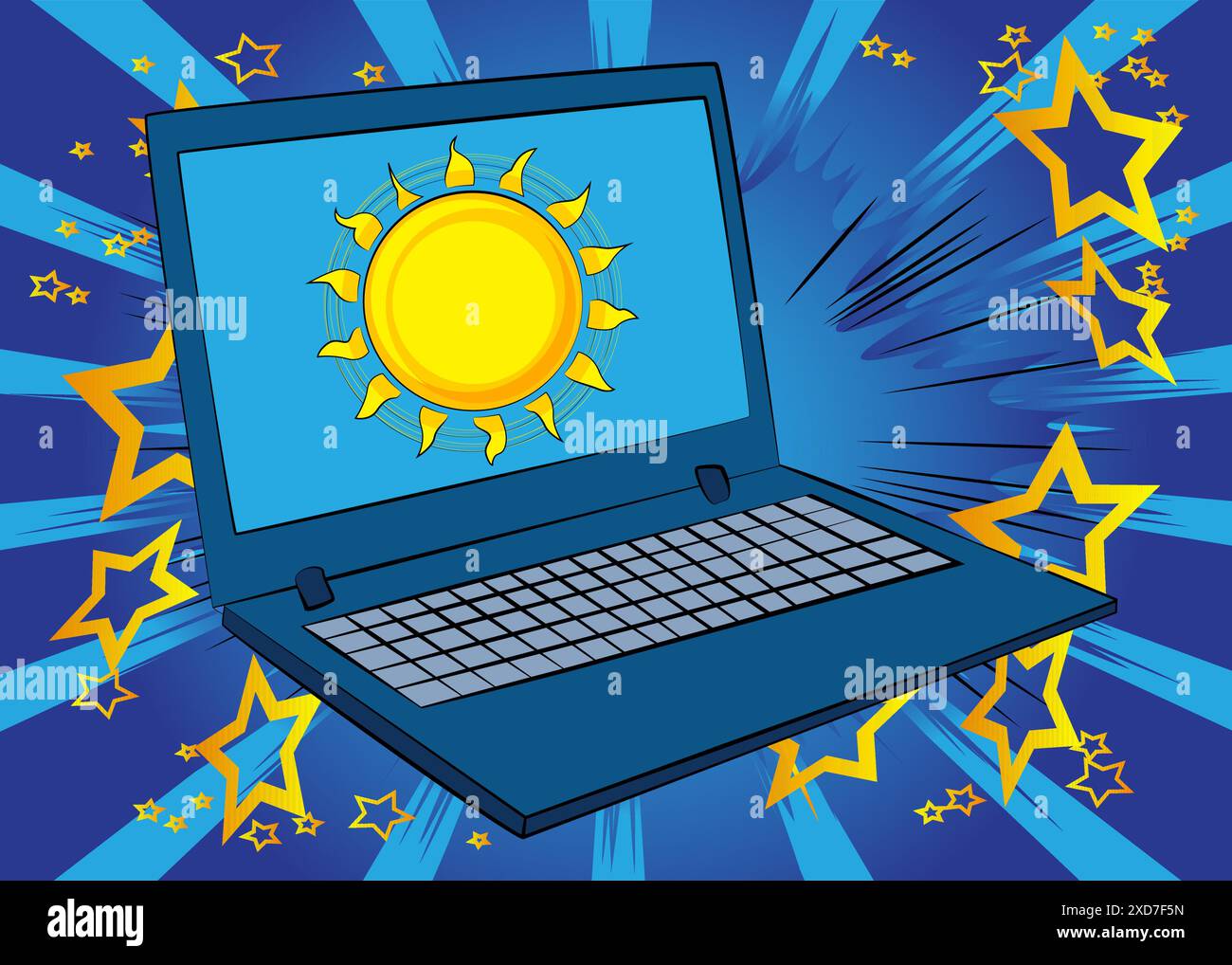 Cartoon Laptop, comic book Notebook with Summer Sun. Retro vector ...