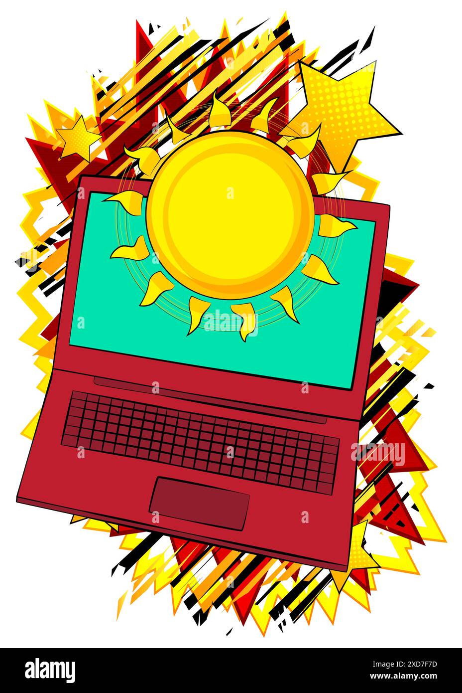 Cartoon Laptop, comic book Notebook with Summer Sun. Retro vector ...