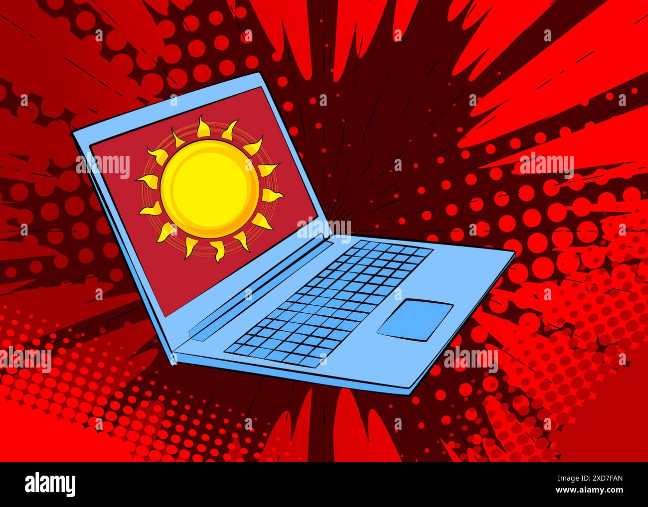 Cartoon Laptop, comic book Notebook with Summer Sun. Retro vector ...