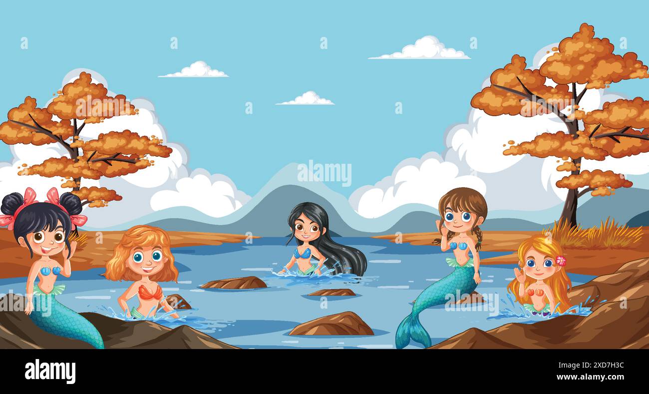 Five mermaids enjoying a serene autumn lake Stock Vector Image & Art ...