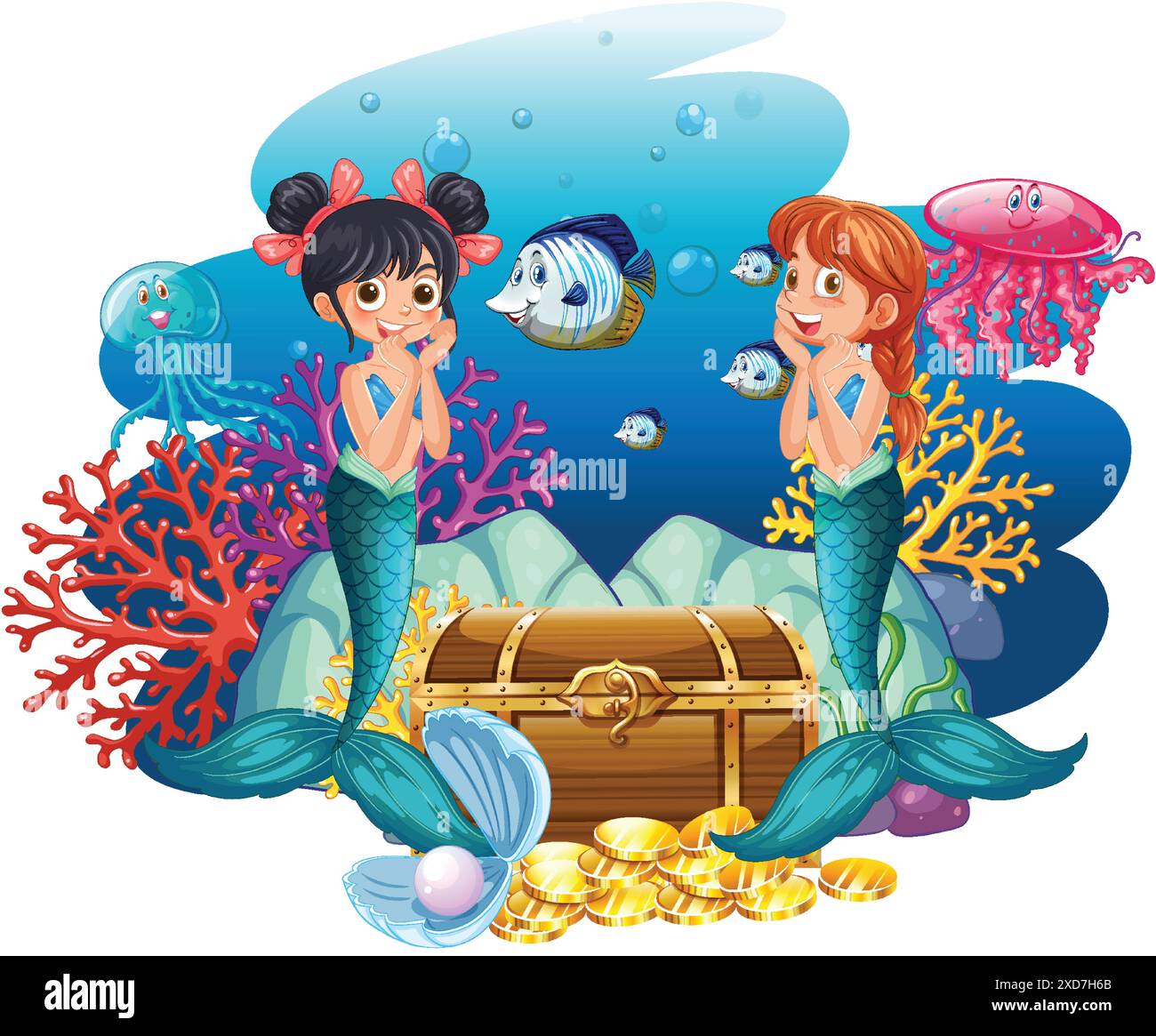 Two mermaids find a treasure chest underwater Stock Vector Image & Art ...