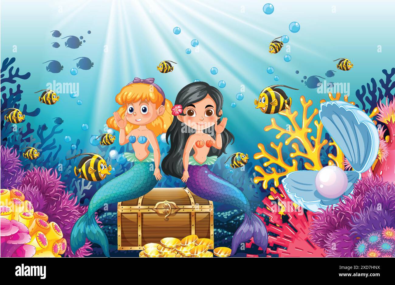 Two mermaids with treasure chest and sea creatures Stock Vector Image ...