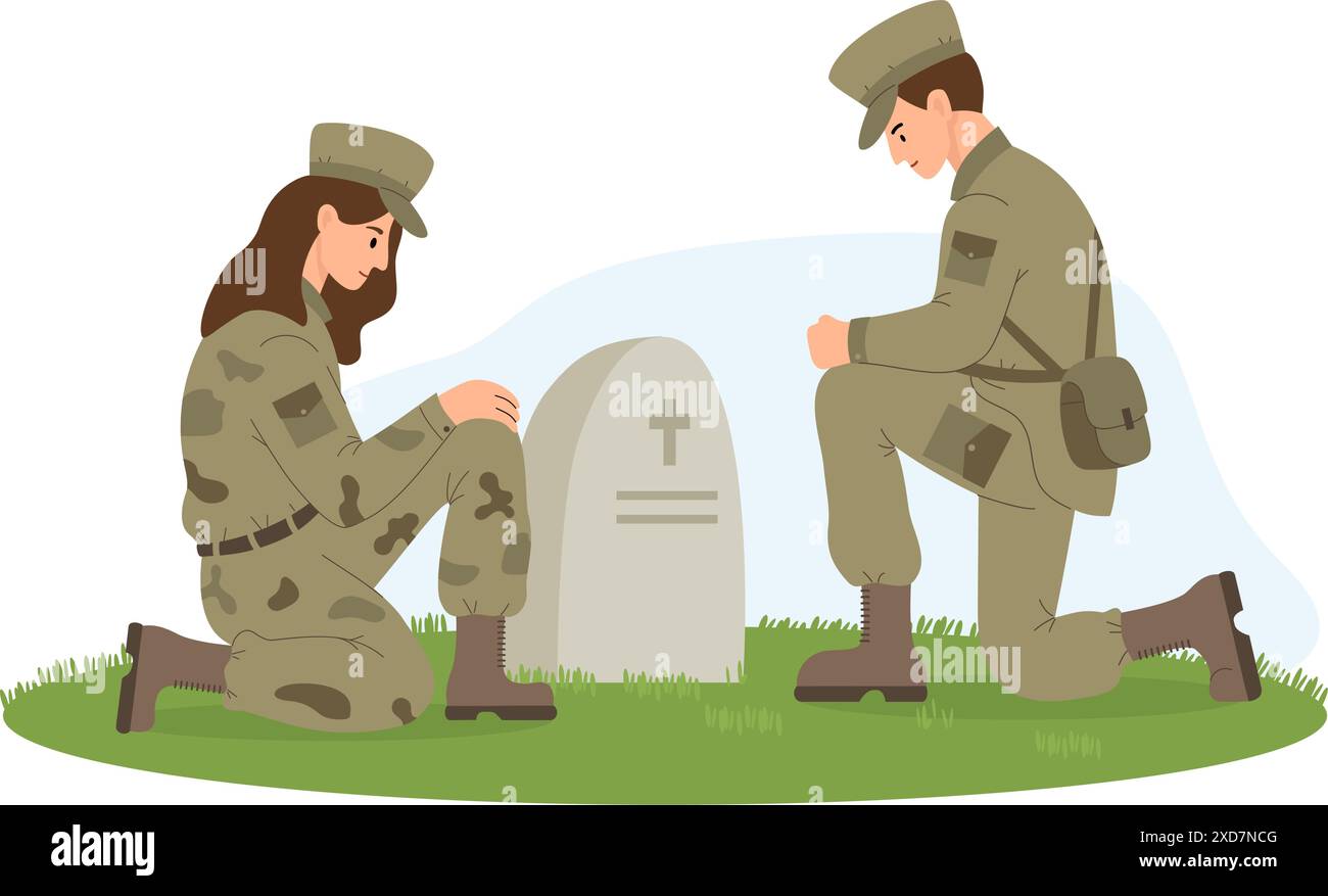 Military soldiers woman and man on one knee in front of gravestone ...