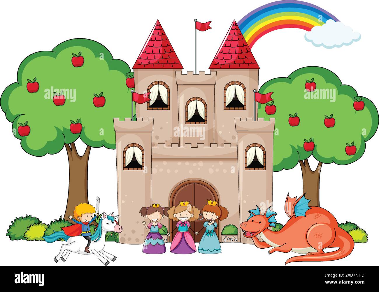 Castle scene with princesses, knight, dragon, and rainbow Stock Vector ...