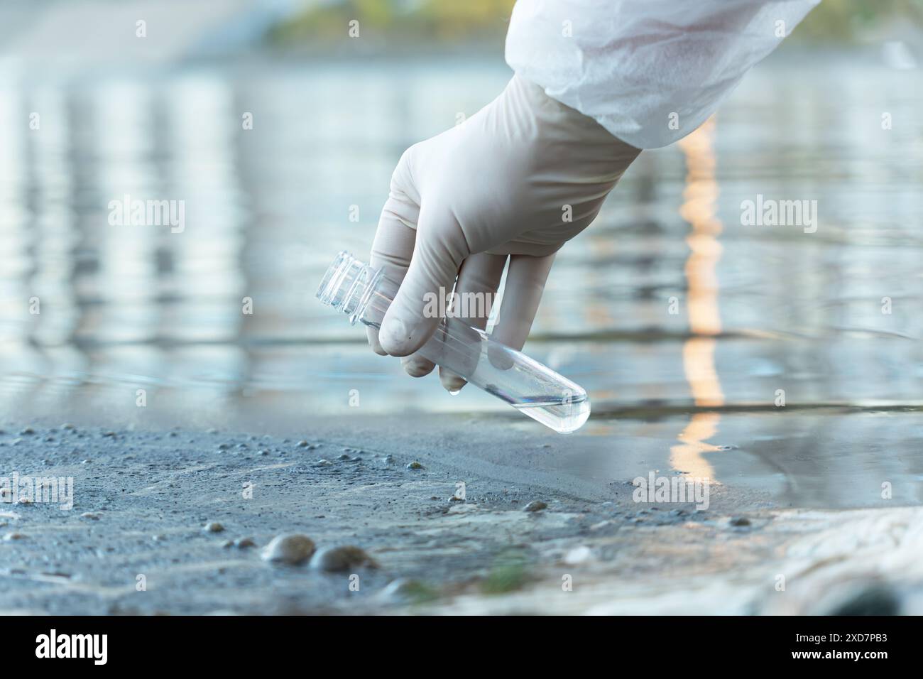 Close up of scientist with white glove holding test tube with water in ...