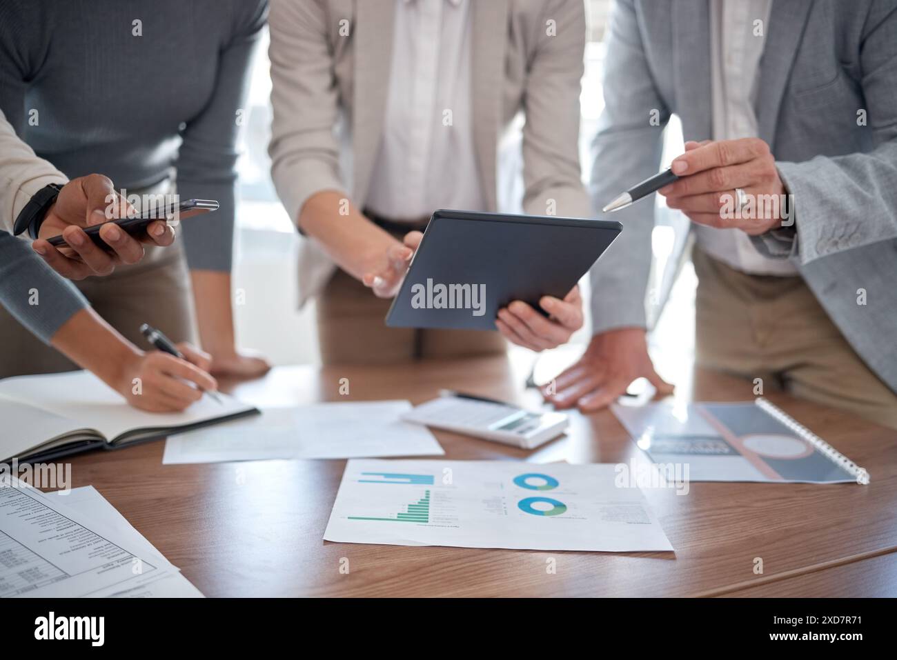 Meeting, strategy and hands of business people with tablet, stats and ...