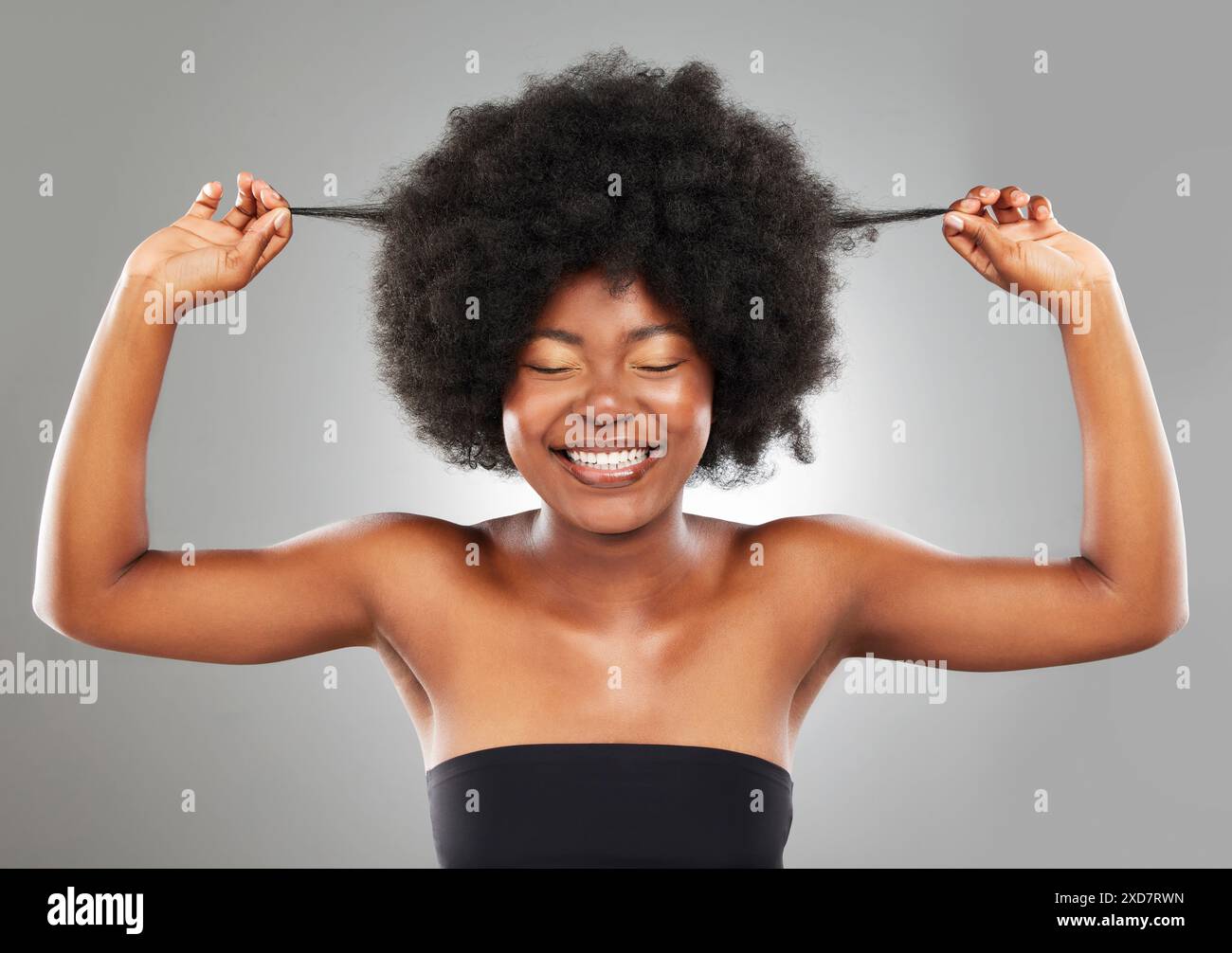 Happy, afro and black woman with eyes closed, length and healthy growth ...