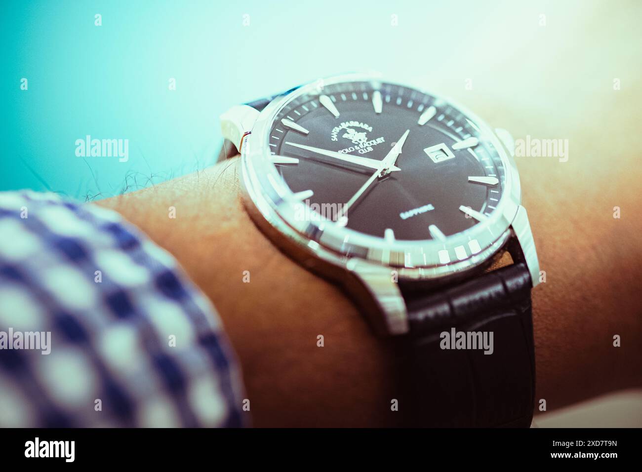 Closeup photo of luxury watch on wrist of man. Man hand with a watch ...