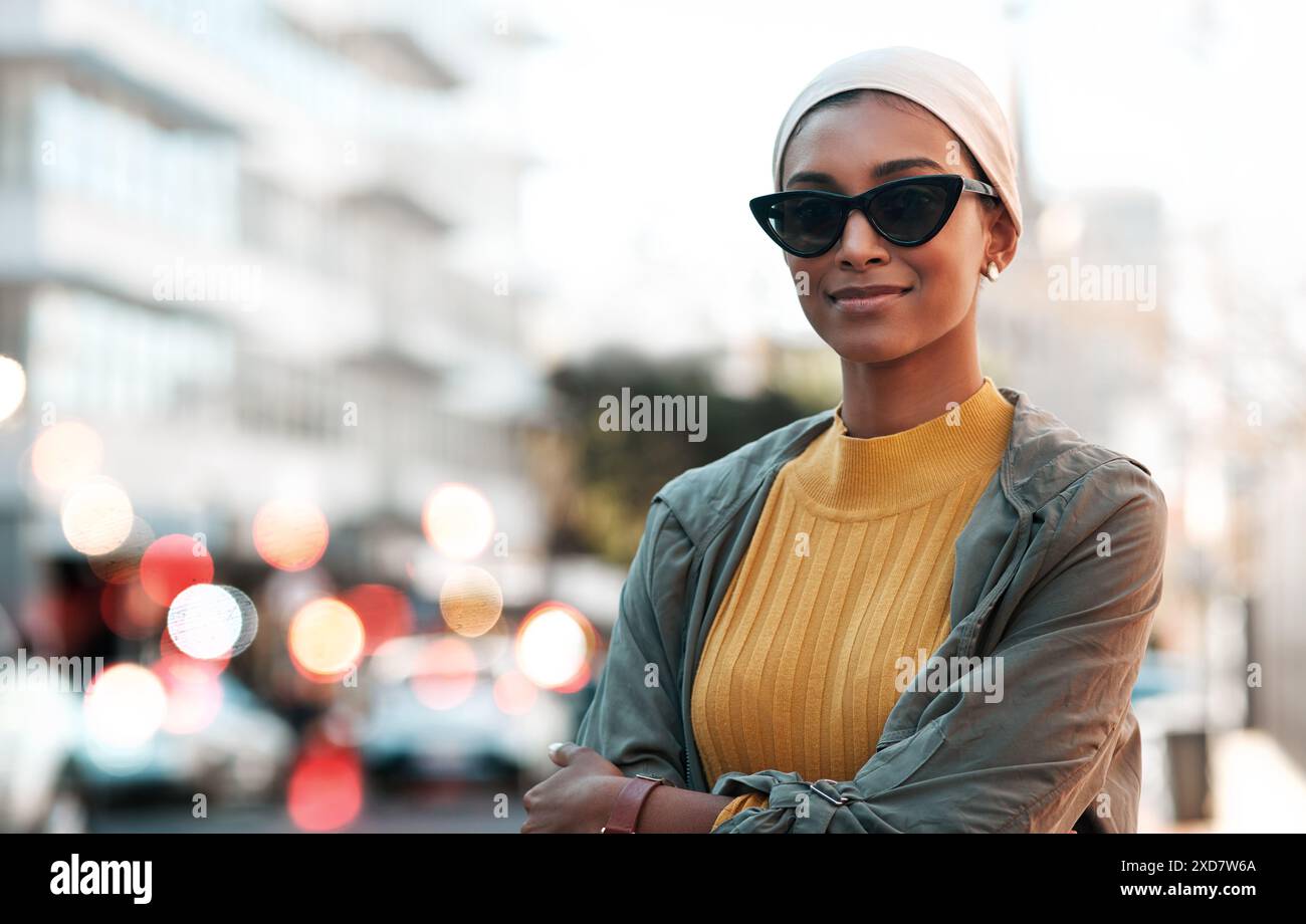 Portrait, muslim and hijab woman with sunglasses in city for travel ...