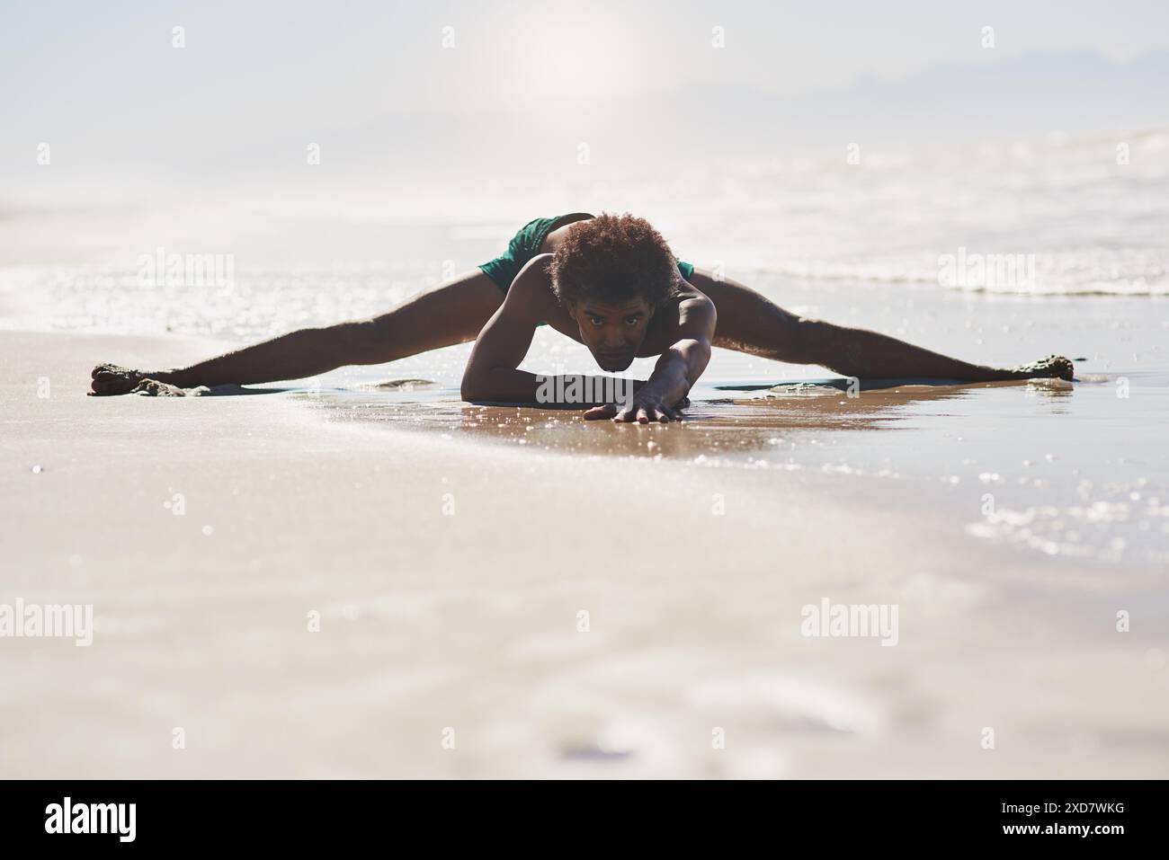 Performance, dancer and man on beach with flexibility for choreography ...
