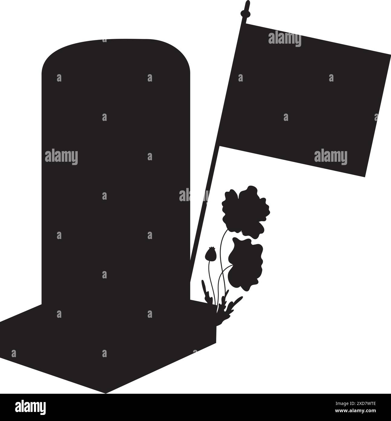 Grave stone headstone with flag and flowers. Black silhouette hand ...