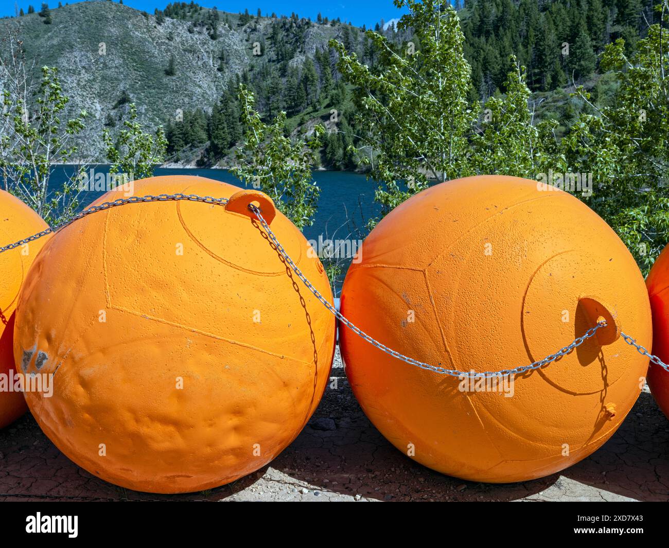 Big orange ball-shaped metal buoys chained together on the ground Stock ...