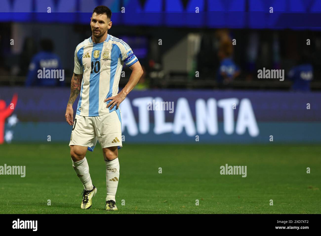 Argentina's forward Lionel Messi gestures during the Copa America USA 2024, group A, groupe ...