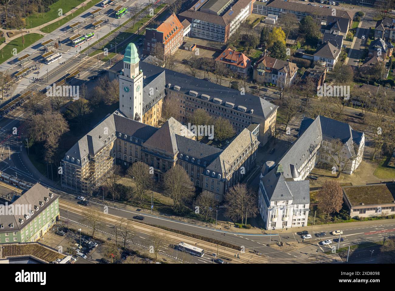 Aerial view, town hall Buer, with town hall tower, on the right the ...