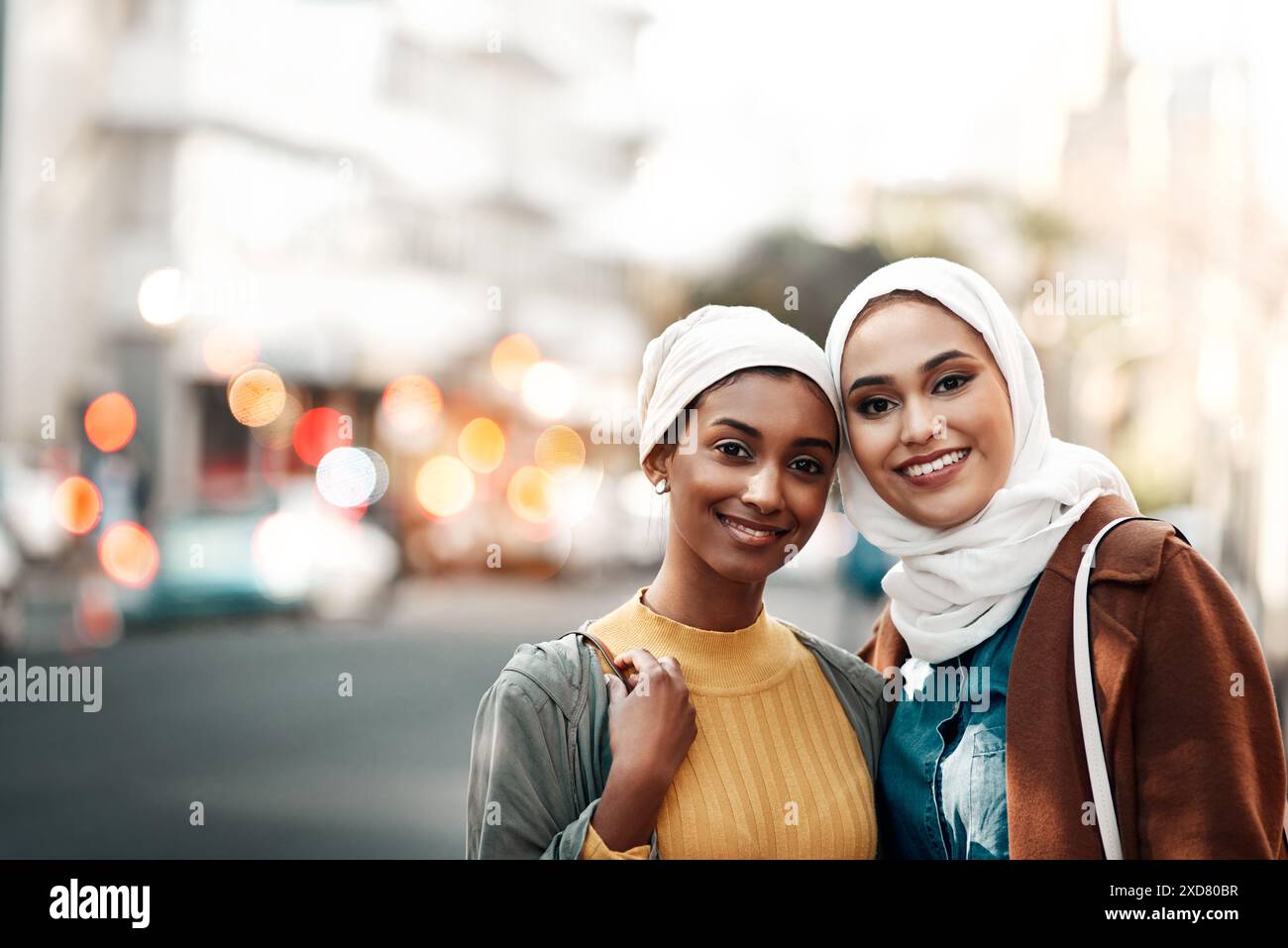 Happy, friends and portrait of Muslim women in city for travel, smile ...