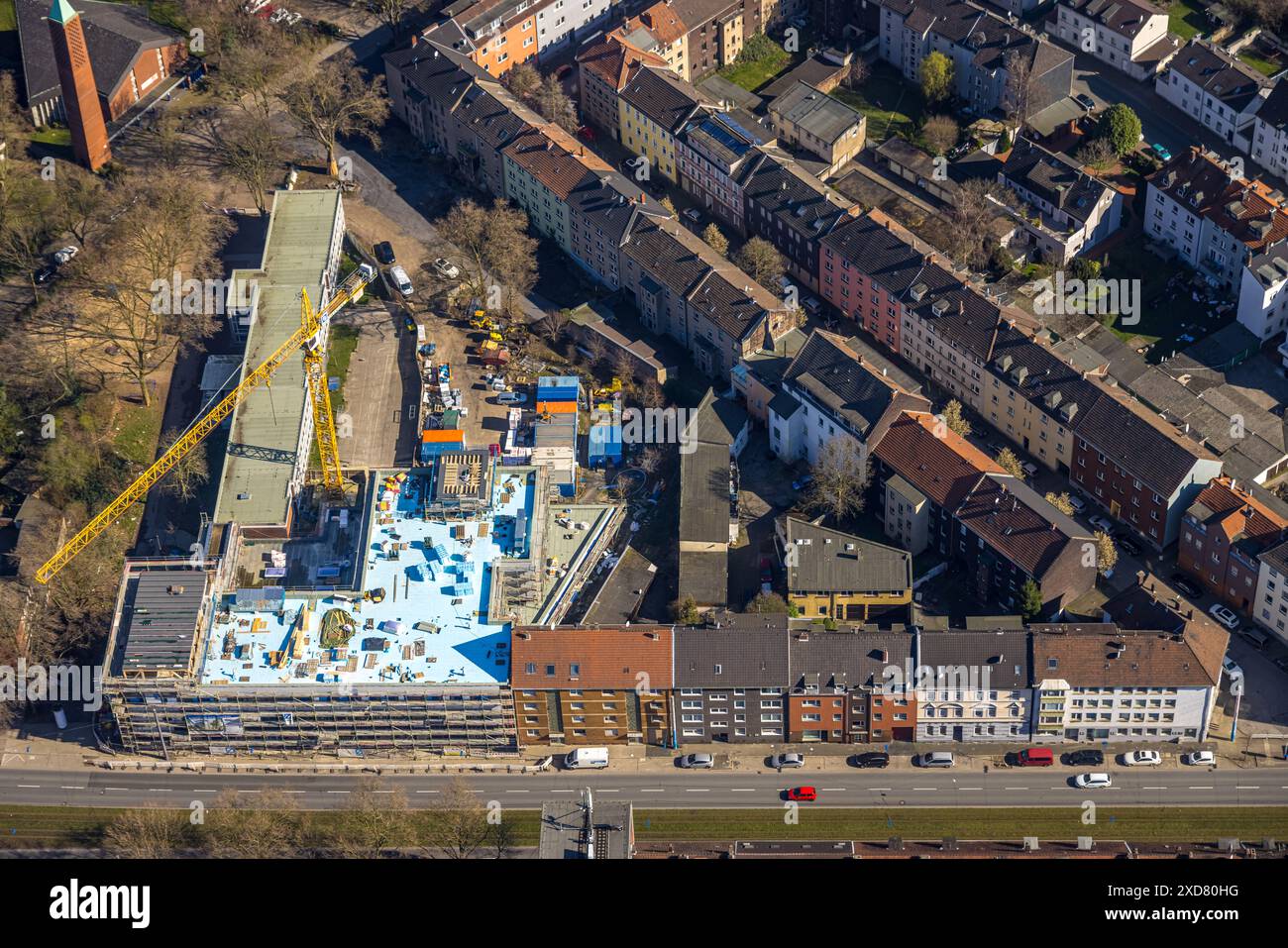 Aerial view, residential area and construction site of the day care ...