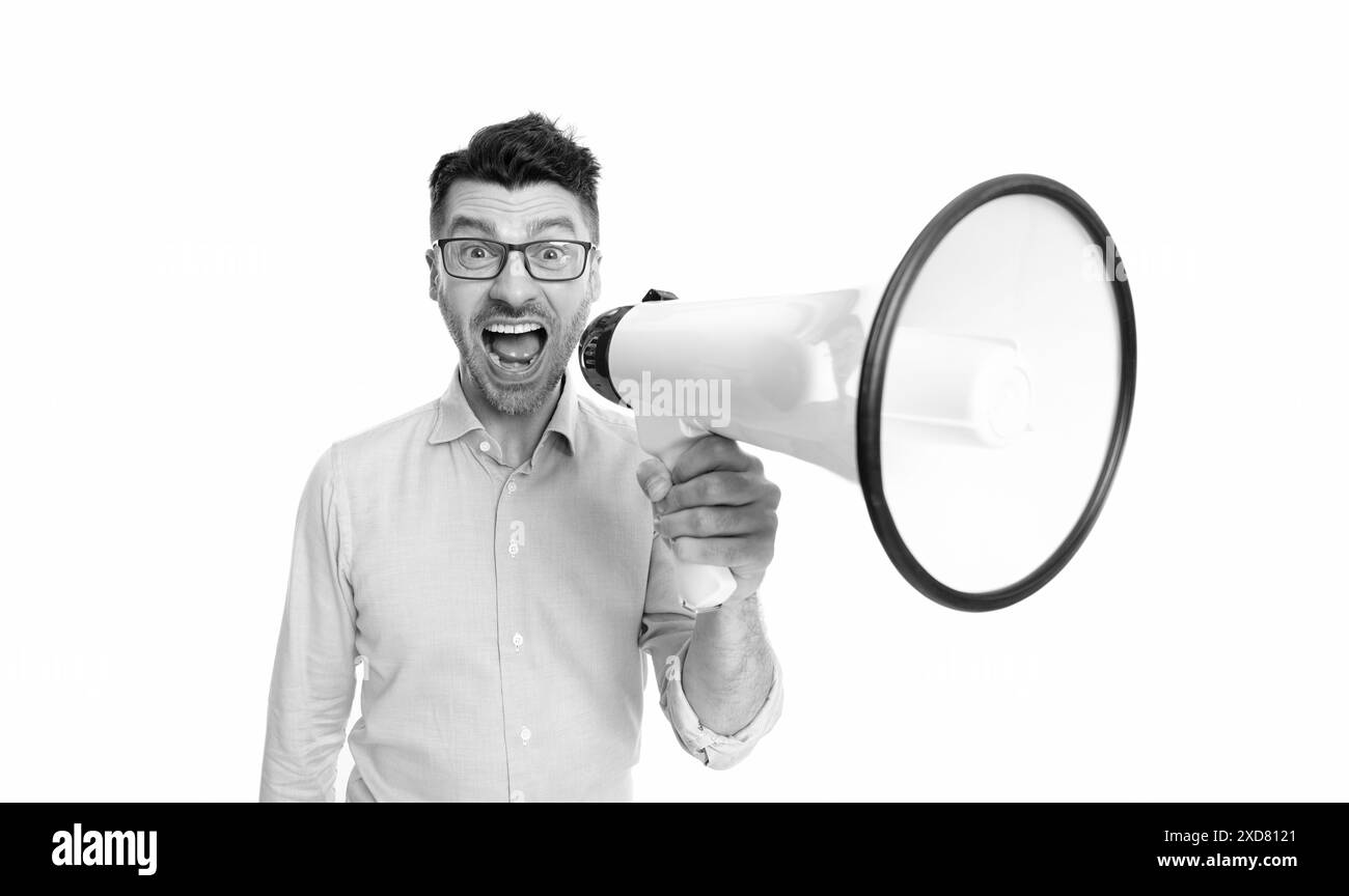 photo of amazed man announcing with megaphone. man announcing with ...