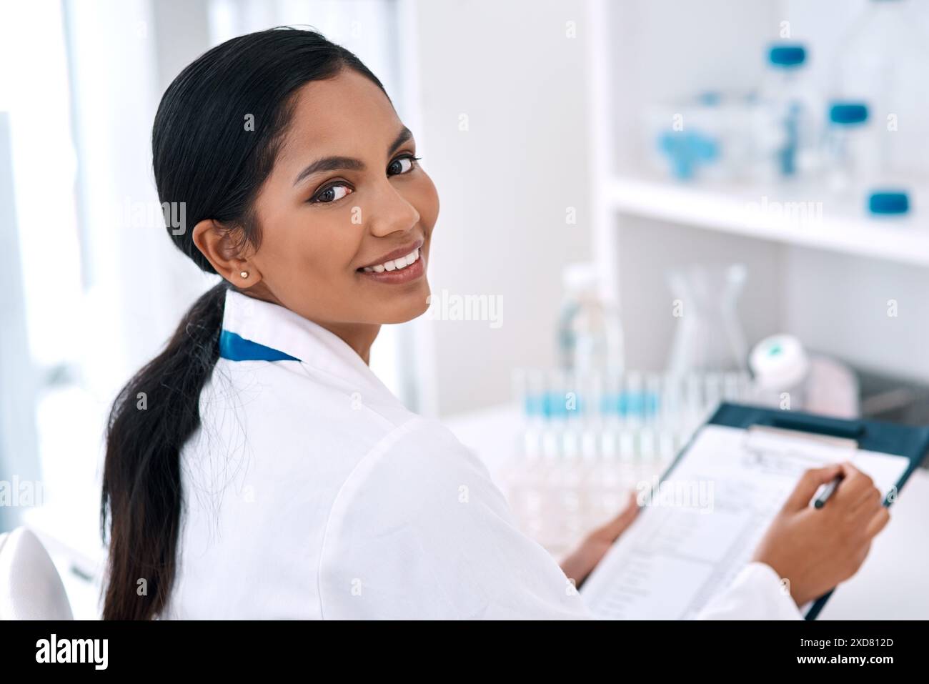Clipboard, woman and portrait of scientist in laboratory for ...