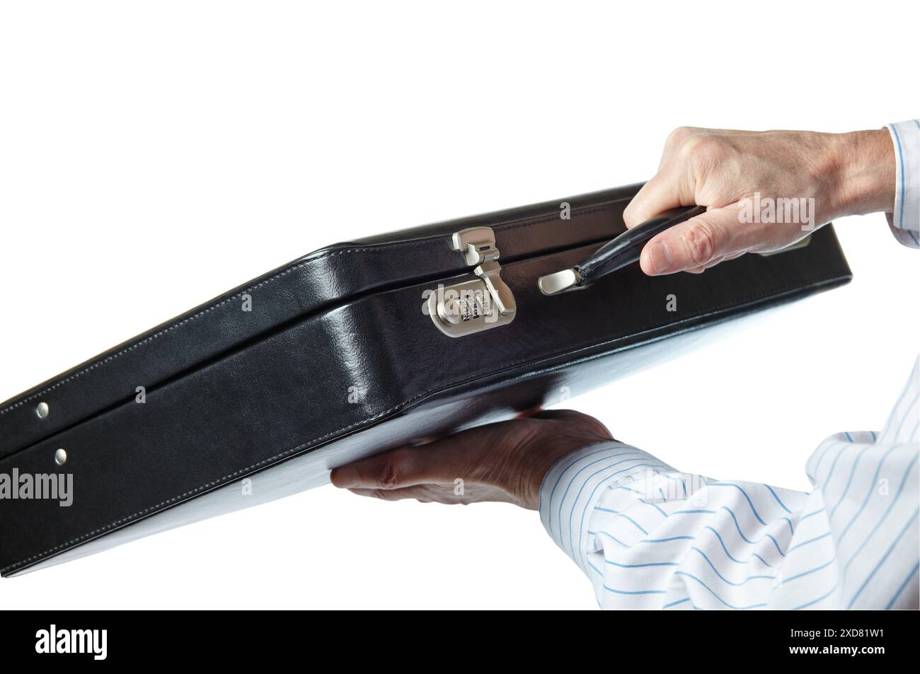 Male hand in a shirt holding briefcase isolated on white background ...